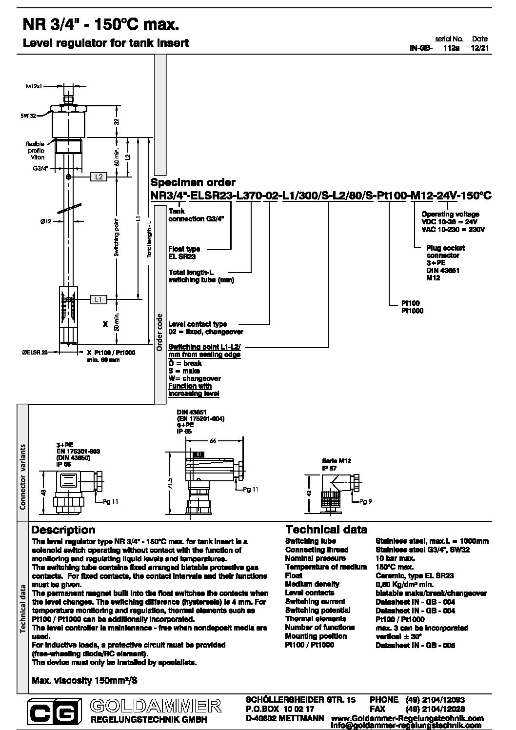 Level regulator for tank insert - IN - Goldammer Regelungstechnik