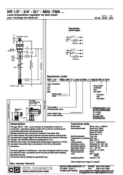 Level-temperature regulator for tank insert - MA - Goldammer ...