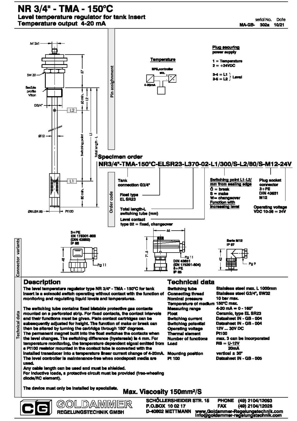 Level-temperature regulator for tank insert - TMA & MA - Goldammer ...