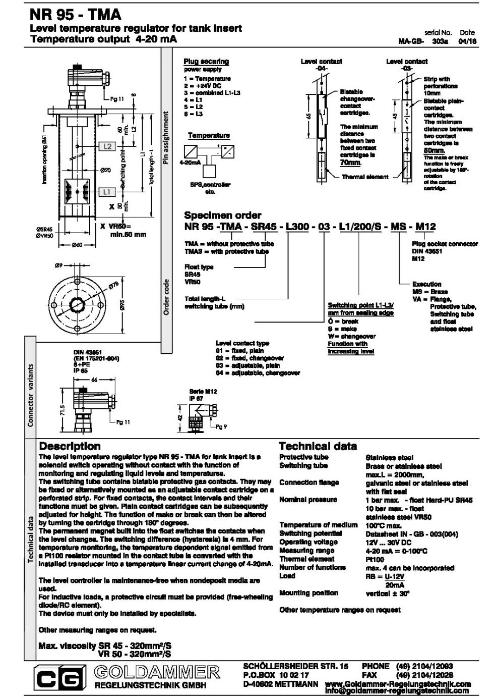 Level-temperature regulator for tank insert - TMA & MA - Goldammer ...