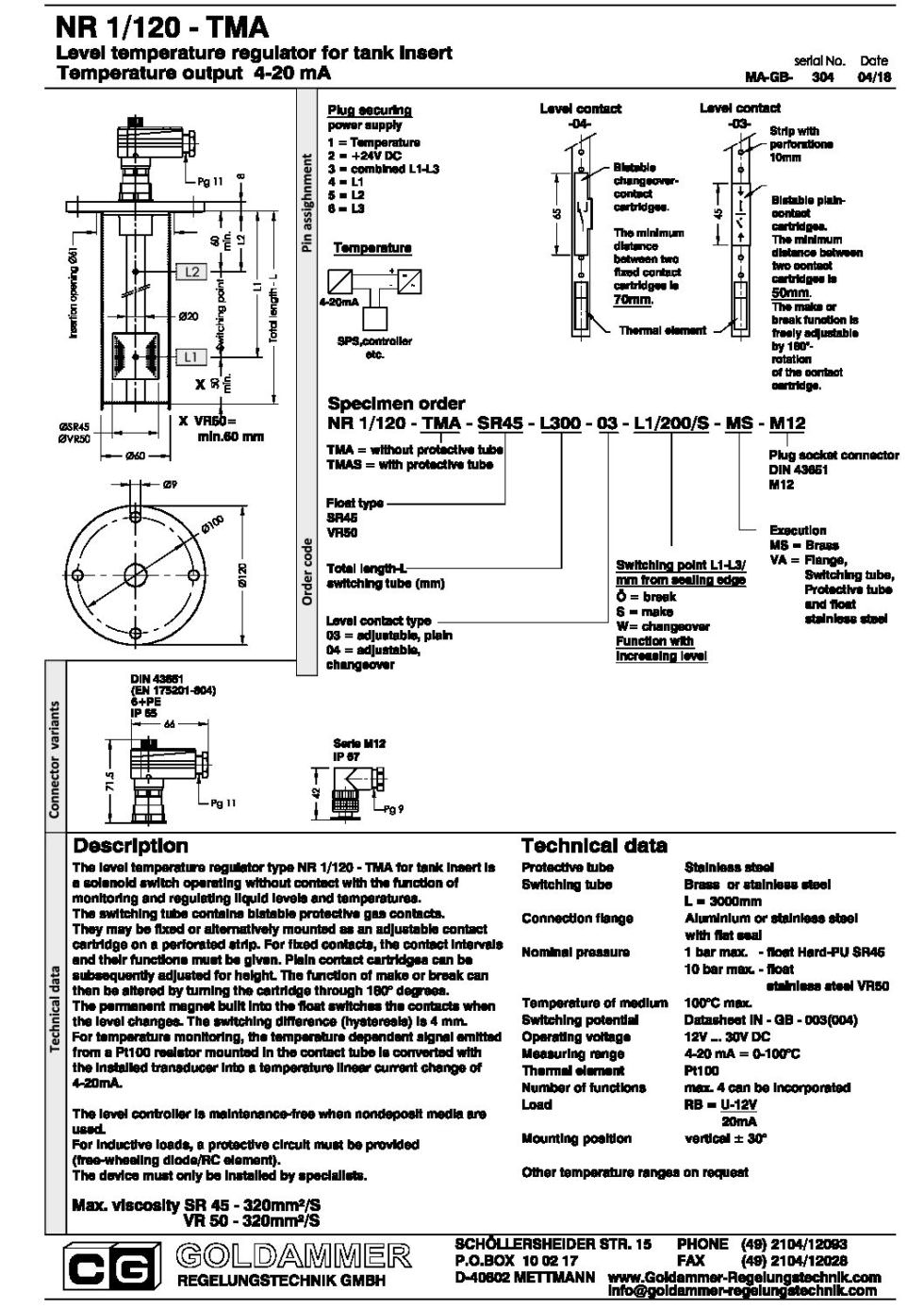 Level-temperature regulator for tank insert - TMA & MA - Goldammer ...