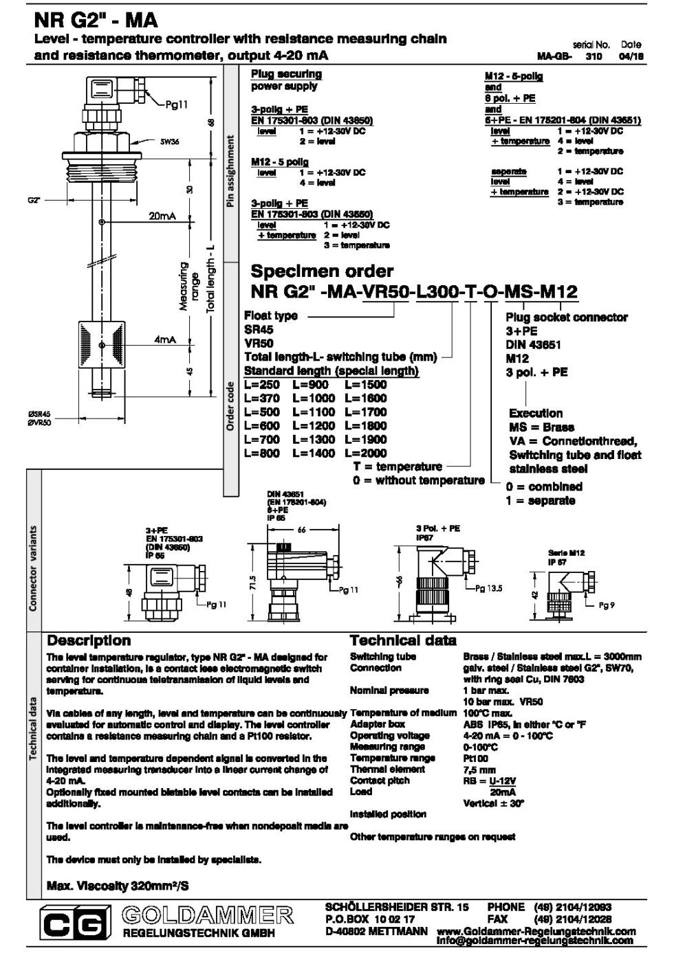 Level-temperature regulator for tank insert - TMA & MA - Goldammer Regelungstechnik