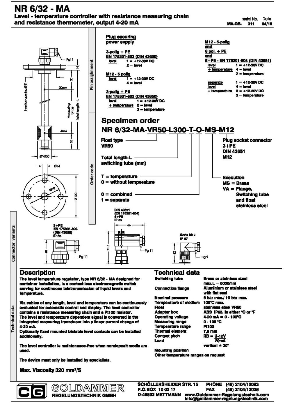 Level-temperature regulator for tank insert - TMA & MA - Goldammer Regelungstechnik